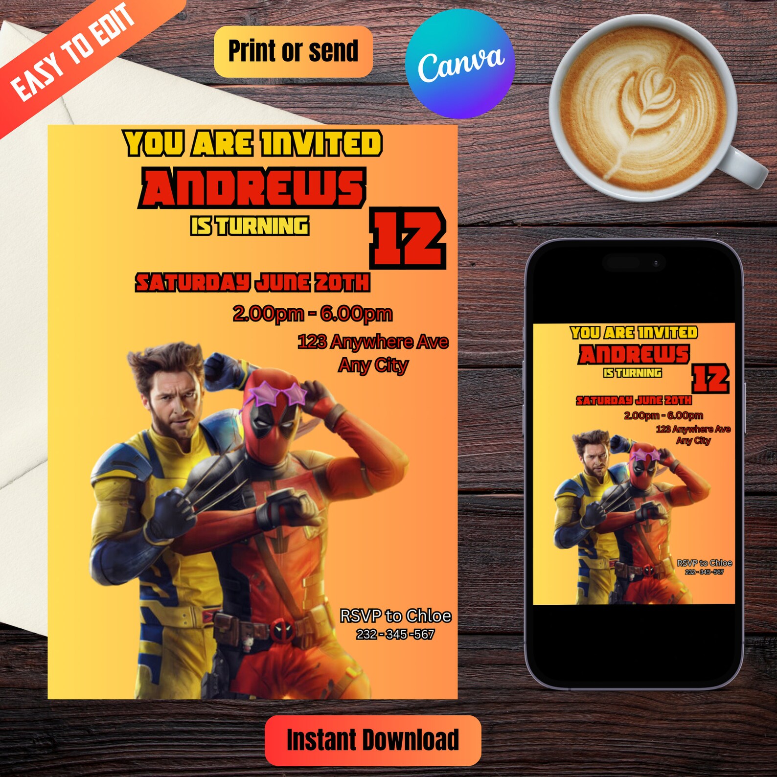 Deadpool and Wolverine Birthday Invitation Editable Digital Download ...
