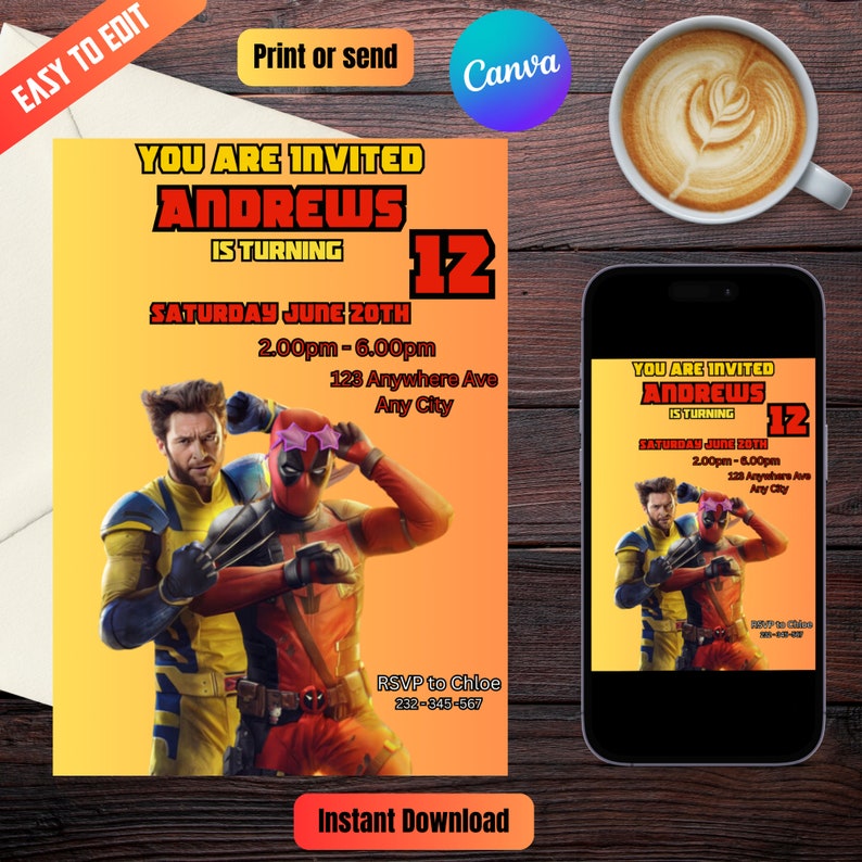Deadpool and Wolverine Birthday Invitation Editable Digital Download ...