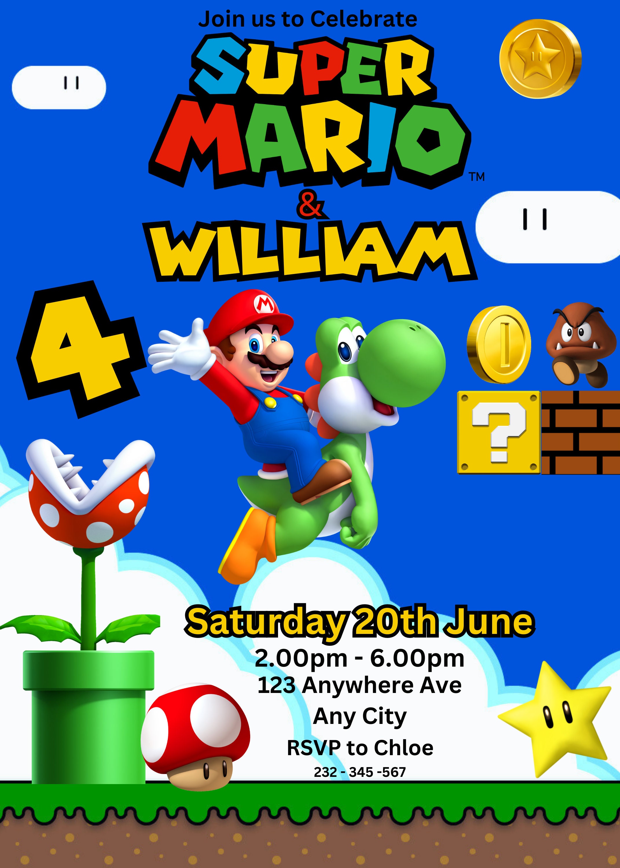 Super Mario Birthday Invitation A Magical Kids' Party Invite Print and ...