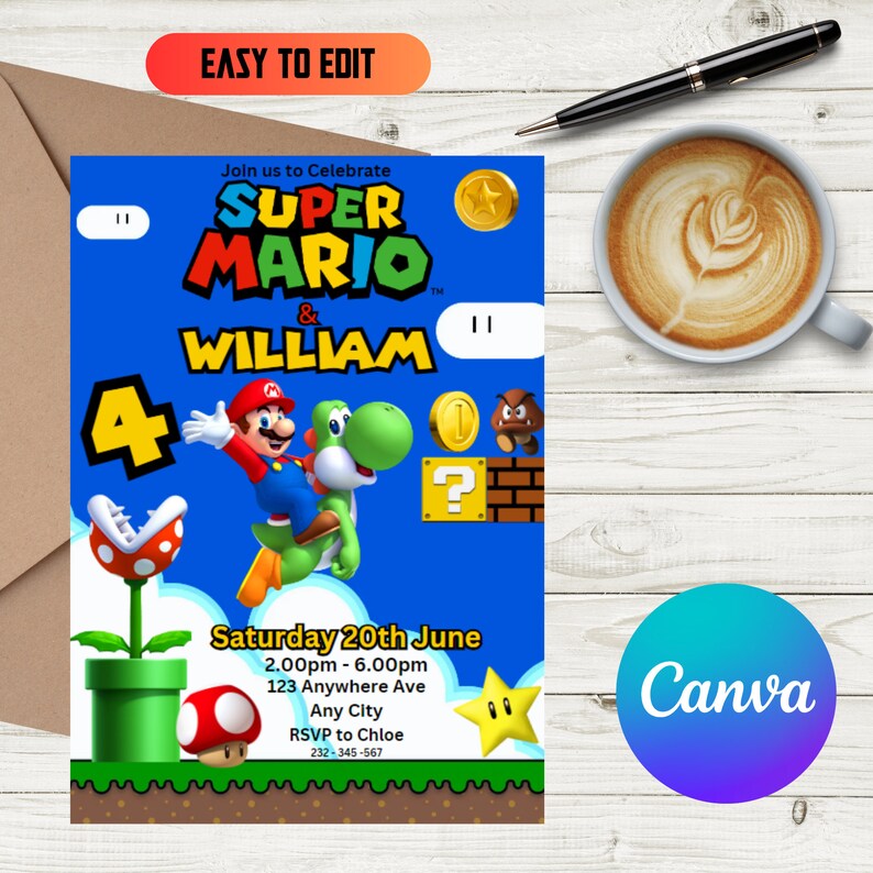 Super Mario Birthday Invitation A Magical Kids' Party Invite Print and ...