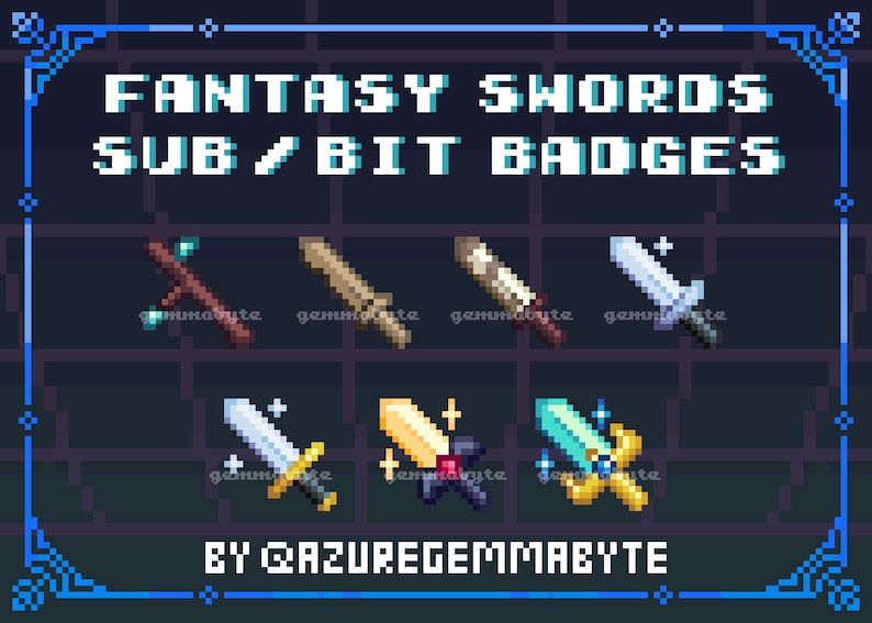 Fantasy RPG Sword Twitch Sub Bits Badges 7 Cool Pixel Art 8-bit Fantasy ...