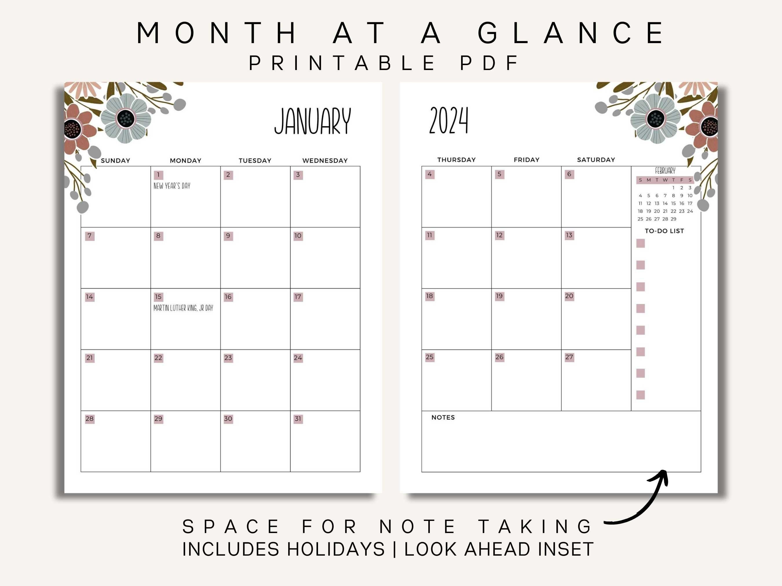 2024 Dated Monthly Calendar Printable Planner Inserts BOHO Blossom ...