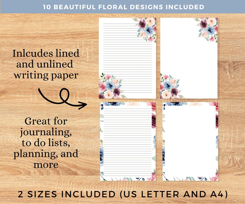 Printable Floral Stationery, DIGITAL DOWNLOAD, Printable Writing Paper ...