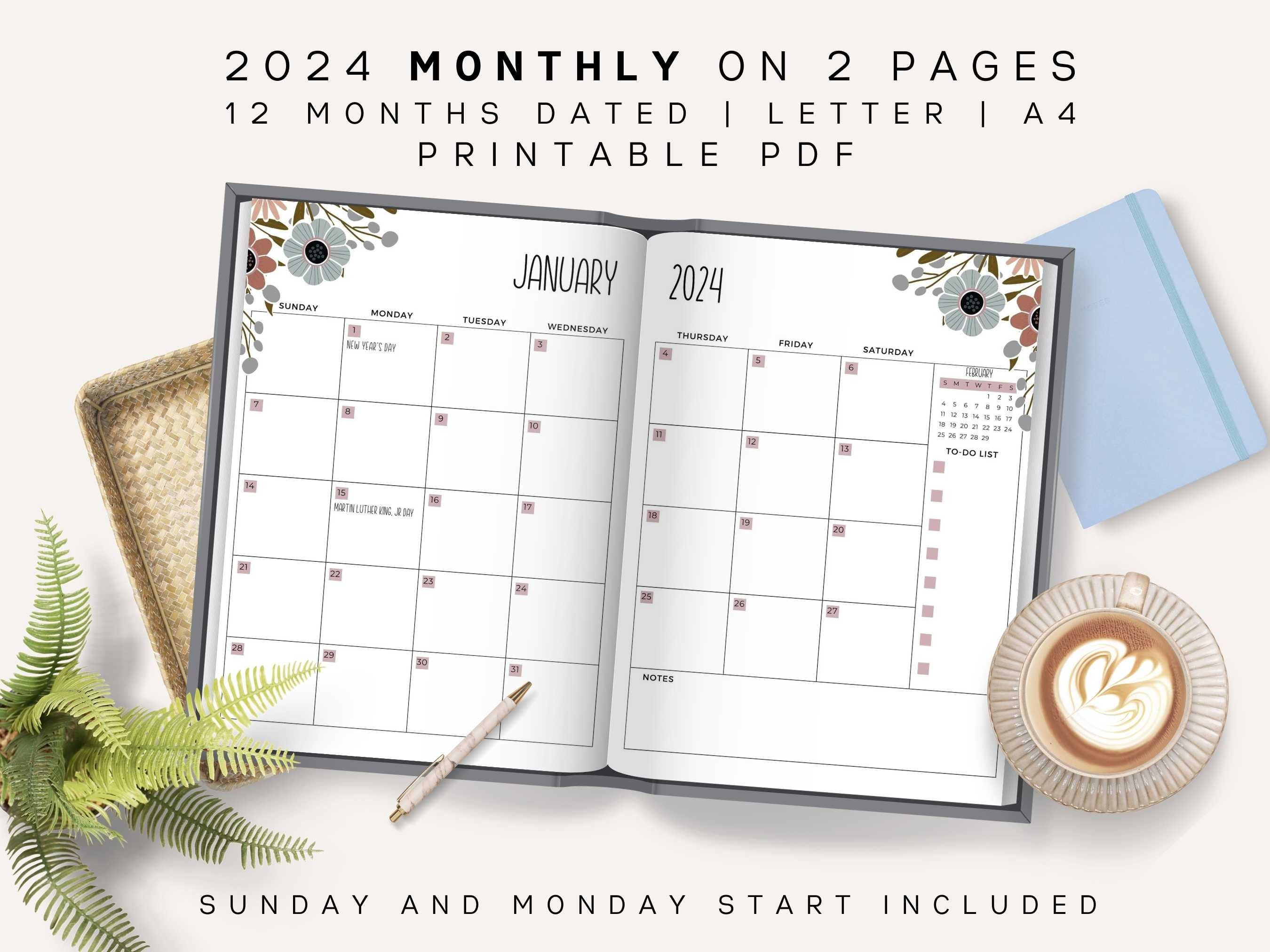 2024 Dated Monthly Calendar Printable Planner Inserts BOHO Blossom ...