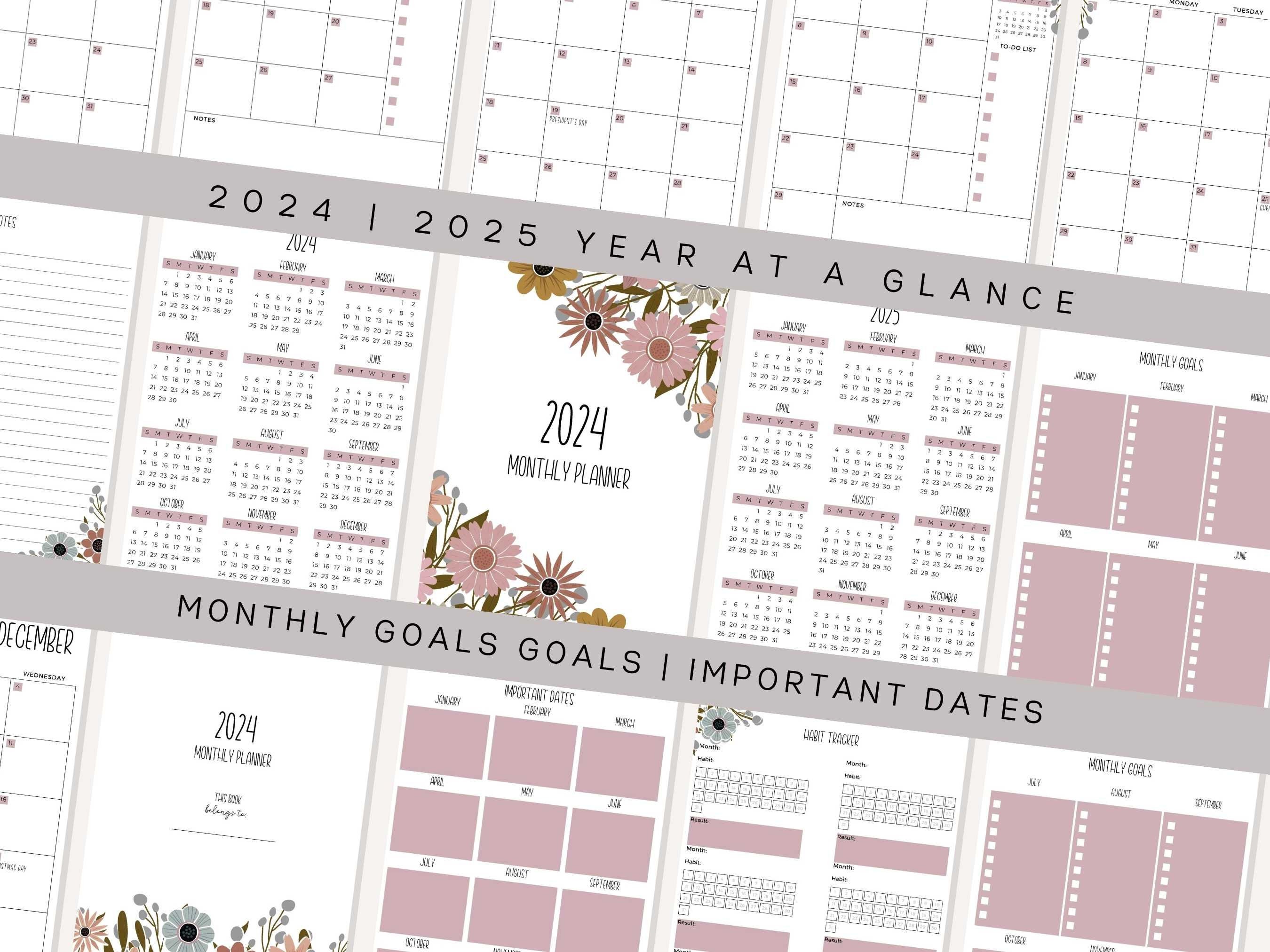 2024 Dated Monthly Calendar Printable Planner Inserts BOHO Blossom ...