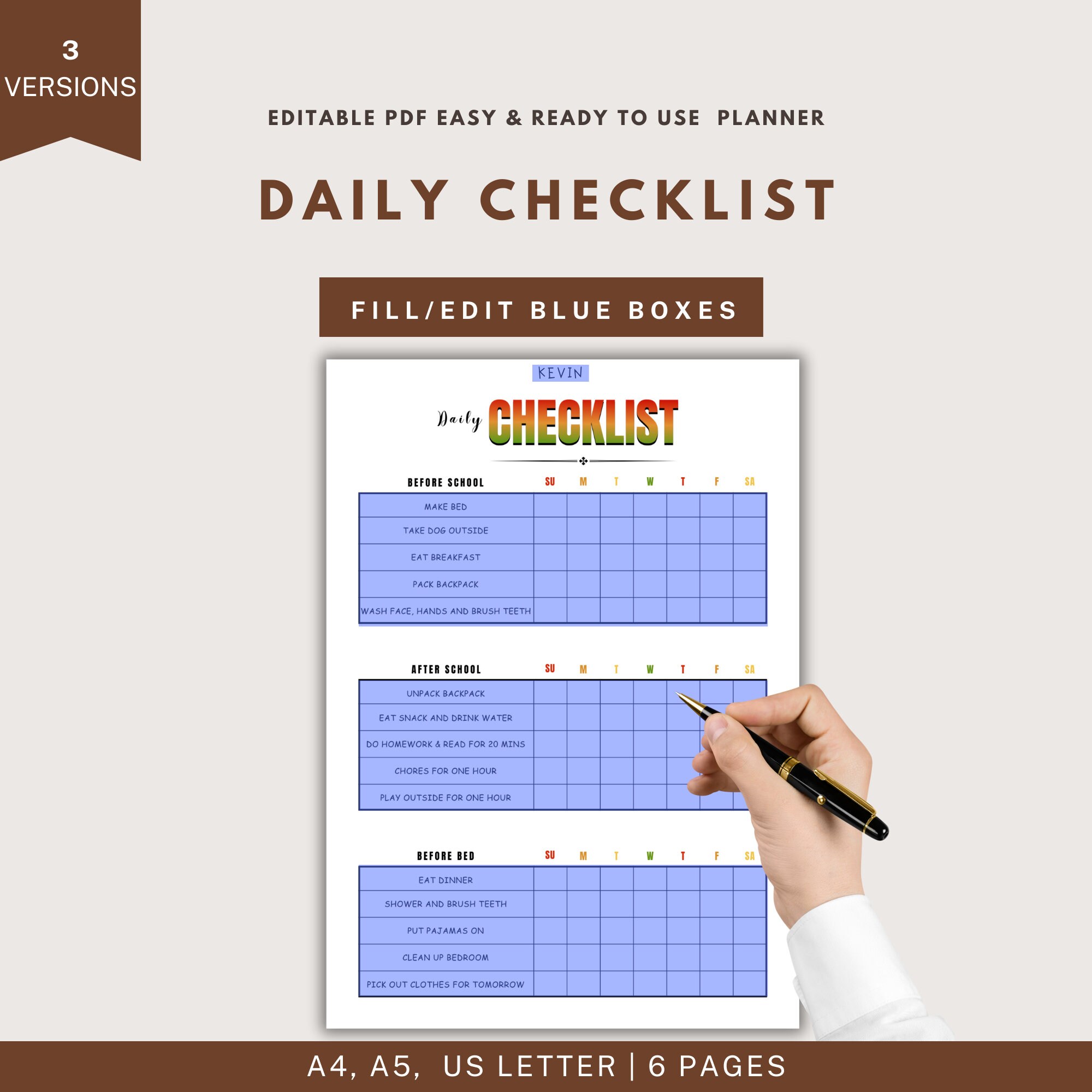 Editable Daily Checklist for Kids, Printable Chore Chart for Kids ...