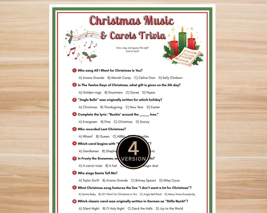 Christmas Music and Carols Trivia Game Printable – Holiday Song Quiz ...