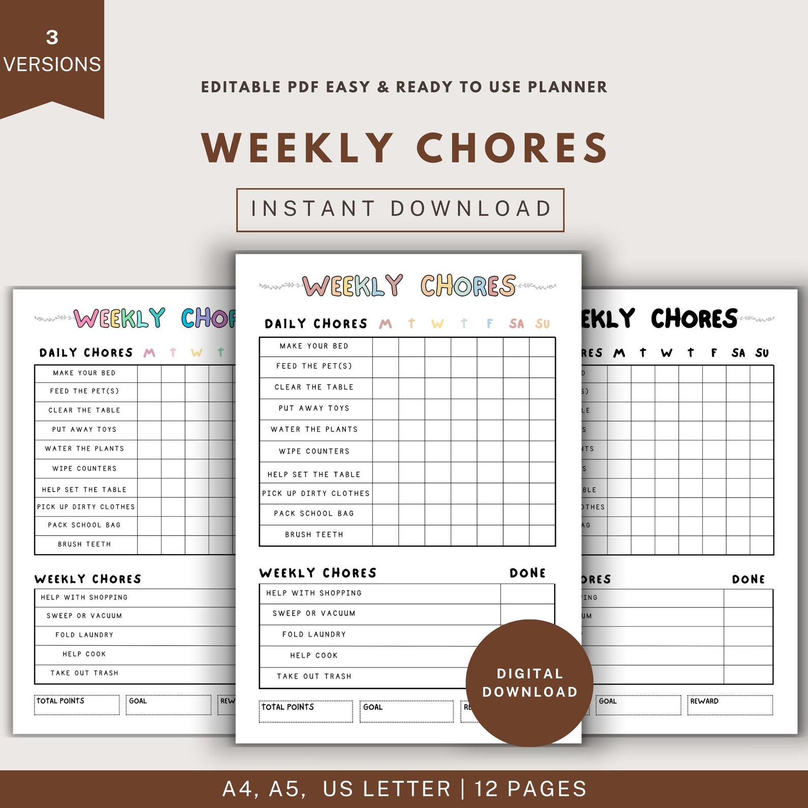 Editable Chore Chart for Kids, Daily & Weekly Chore Chart for Teens ...