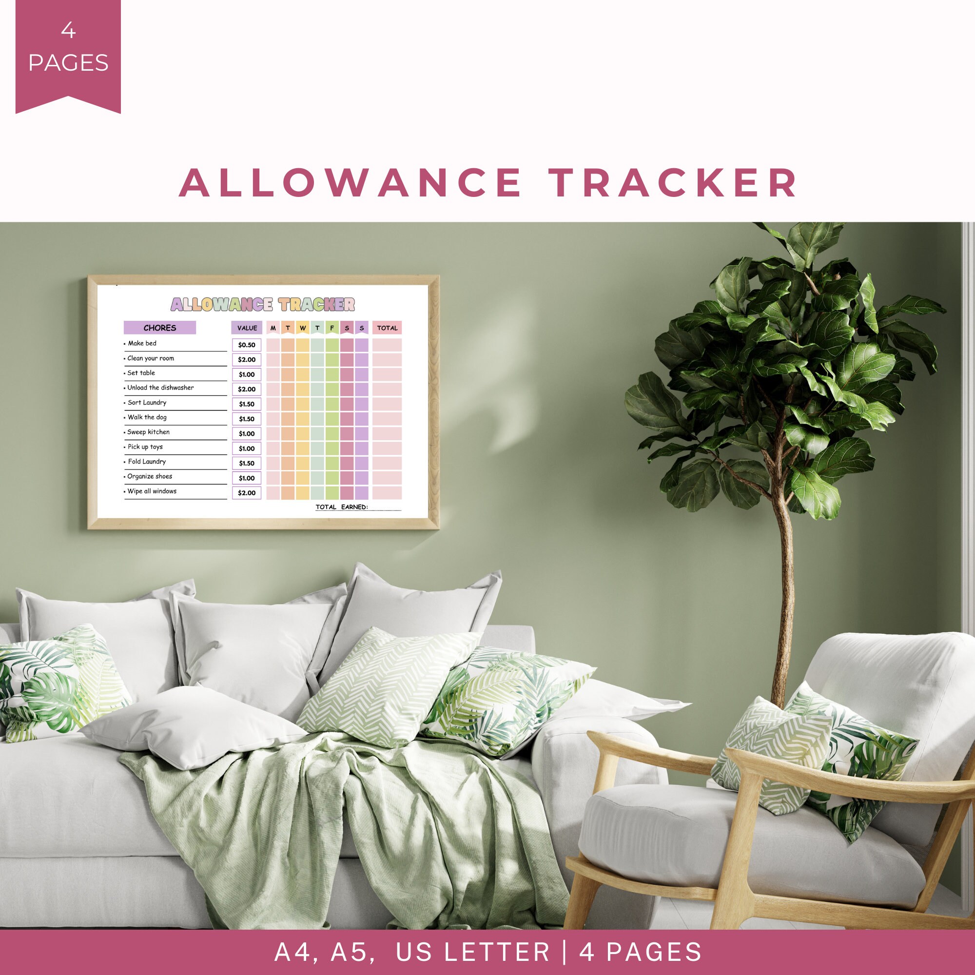 Allowance Chore Chart Printable for Kids , Allowance and Chore Tracker ...