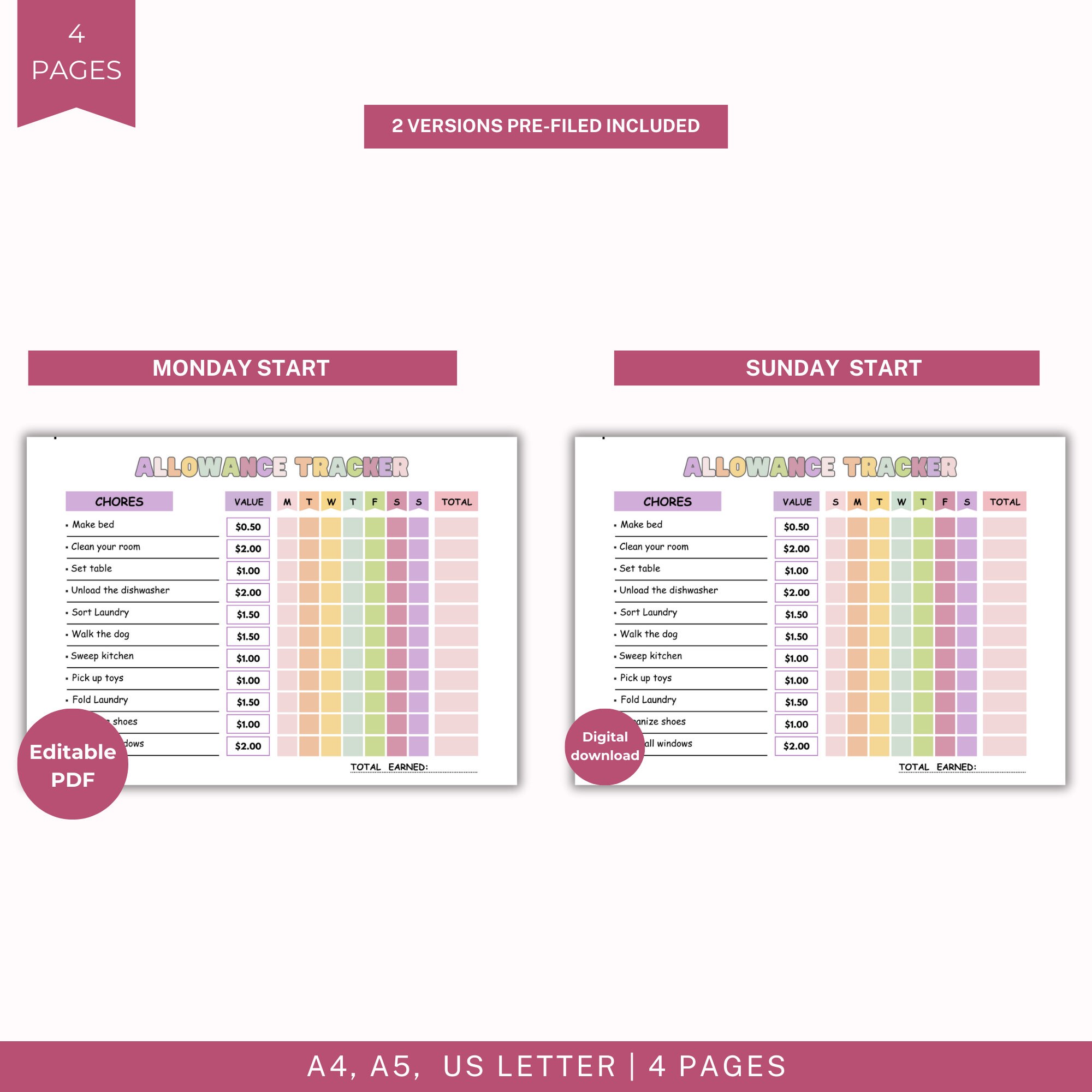 Allowance Chore Chart Printable for Kids , Allowance and Chore Tracker ...