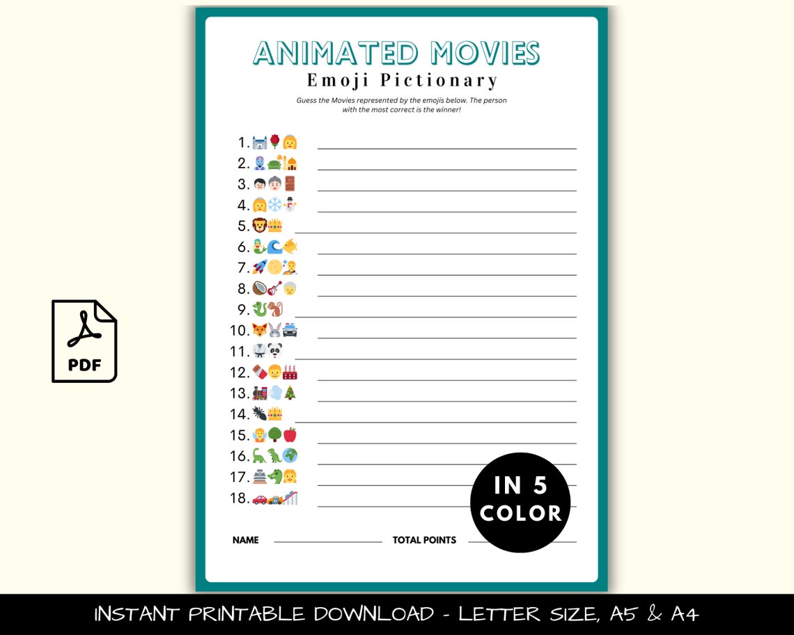 Animated Movies Emoji Pictionary Game - Fun Printable Party Game for ...