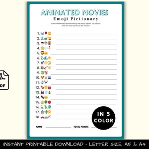 Animated Movies Emoji Pictionary Game - Fun Printable Party Game for ...