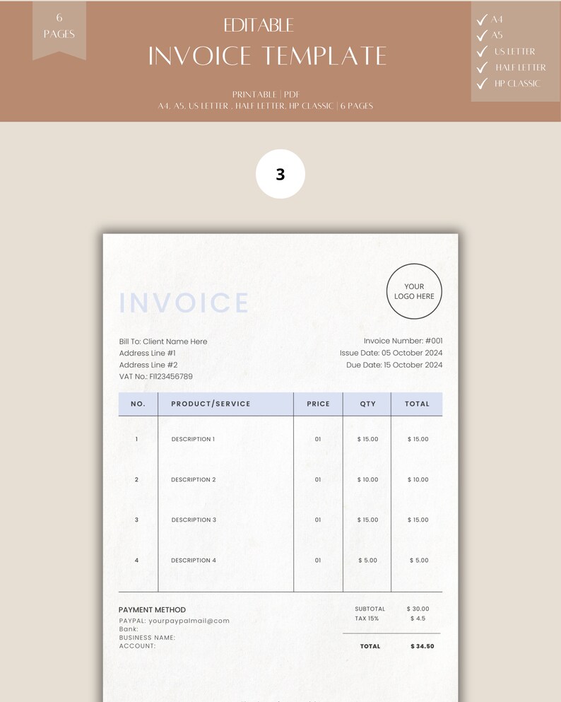 EDITABLE INVOICE TEMPLATE, Invoice Template for Small Business ...