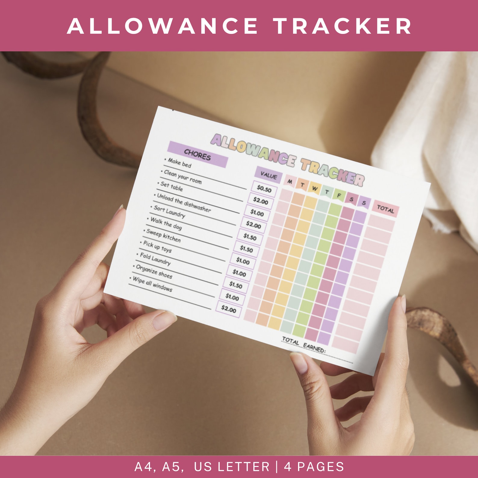 Allowance Chore Chart Printable for Kids , Allowance and Chore Tracker ...
