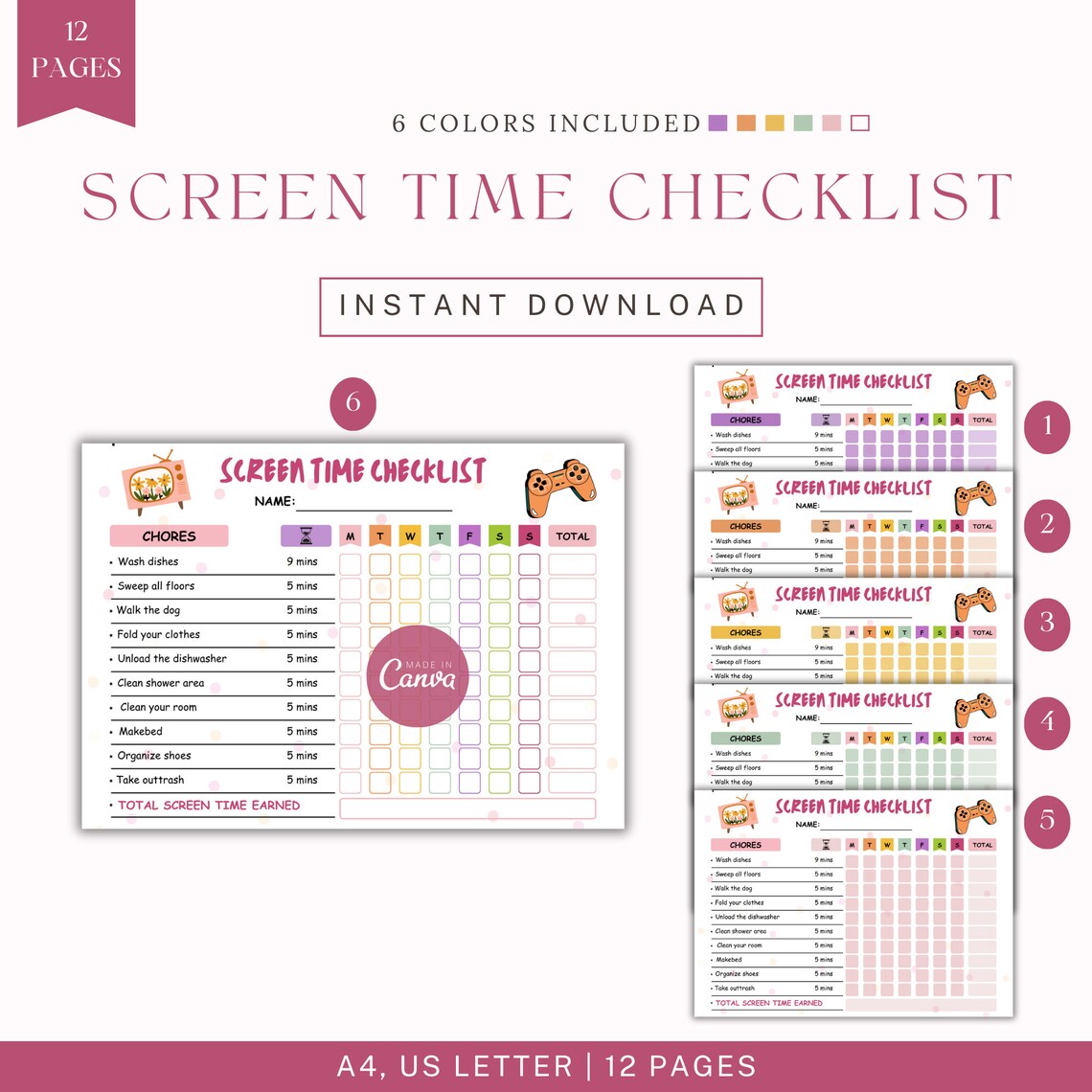 Editable Screen Time Chore Chart Printable, Screen Time Chart Checklist ...