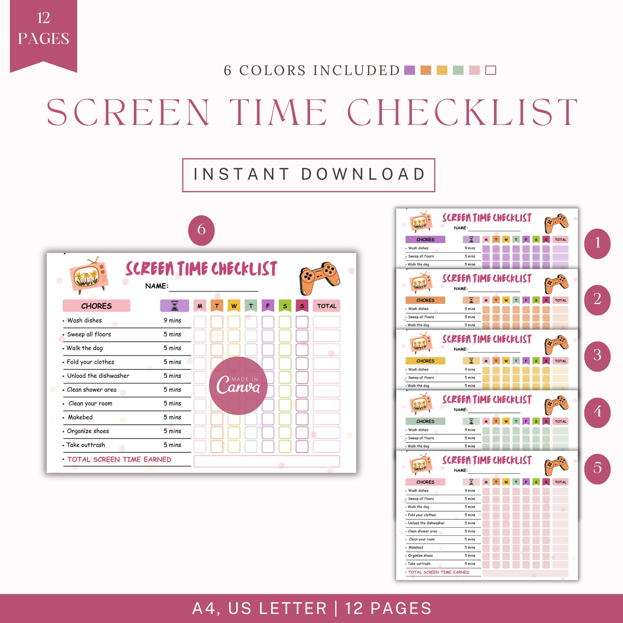 Editable Screen Time Chore Chart Printable, Screen Time Chart Checklist, Screen Time Tracker ...