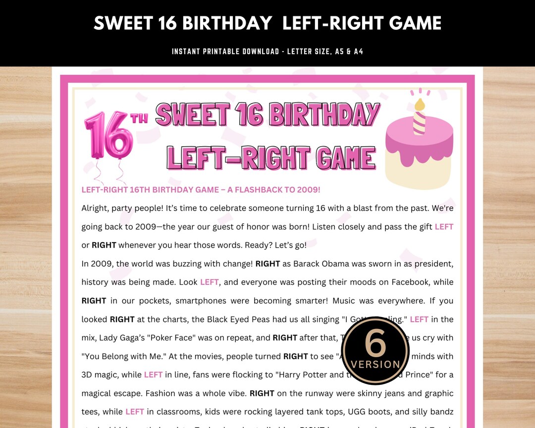Sweet 16 Left Right Game, Birthday Pass the Present, 16th Birthday ...