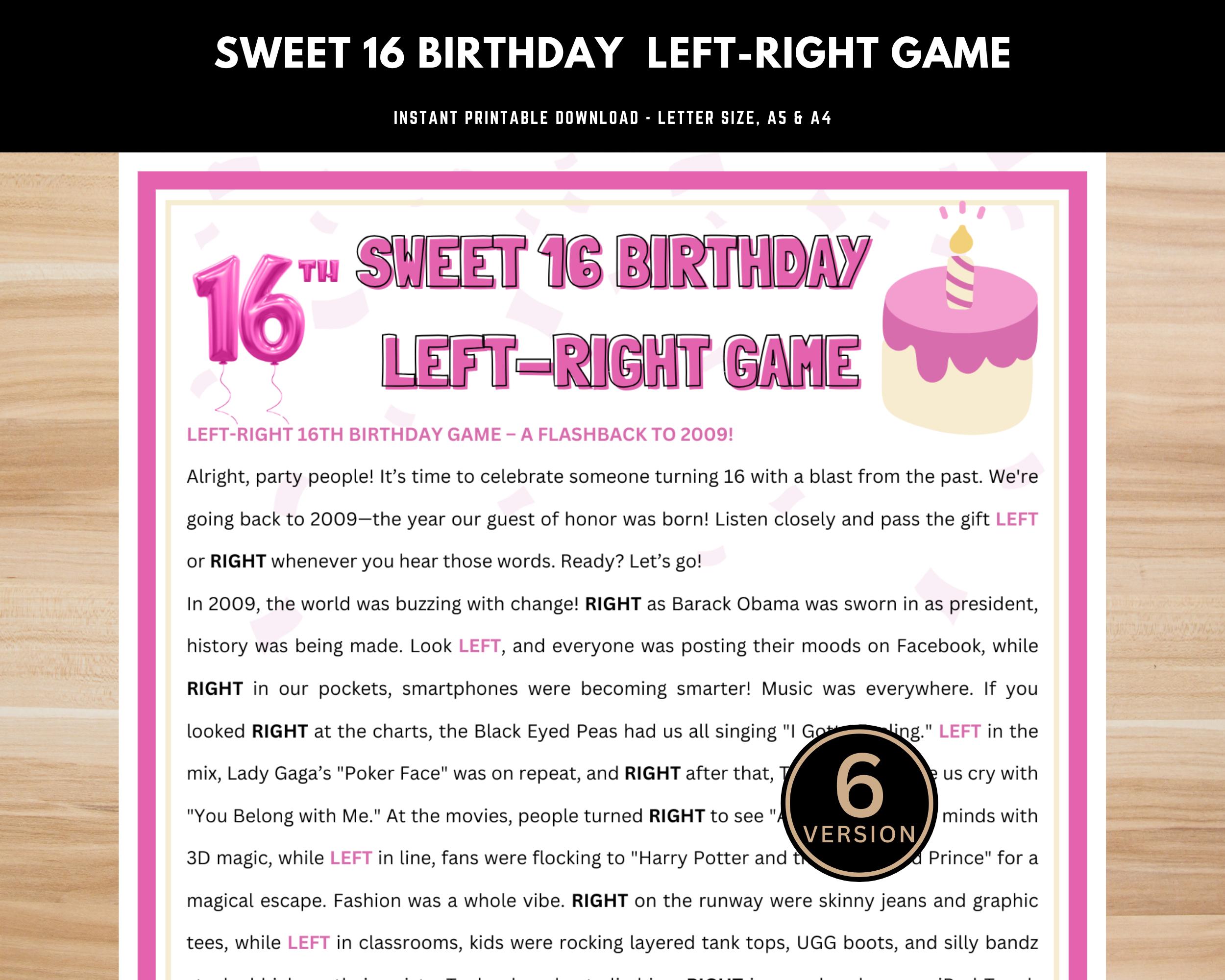 Sweet 16 Left Right Game, Birthday Pass the Present, 16th Birthday ...