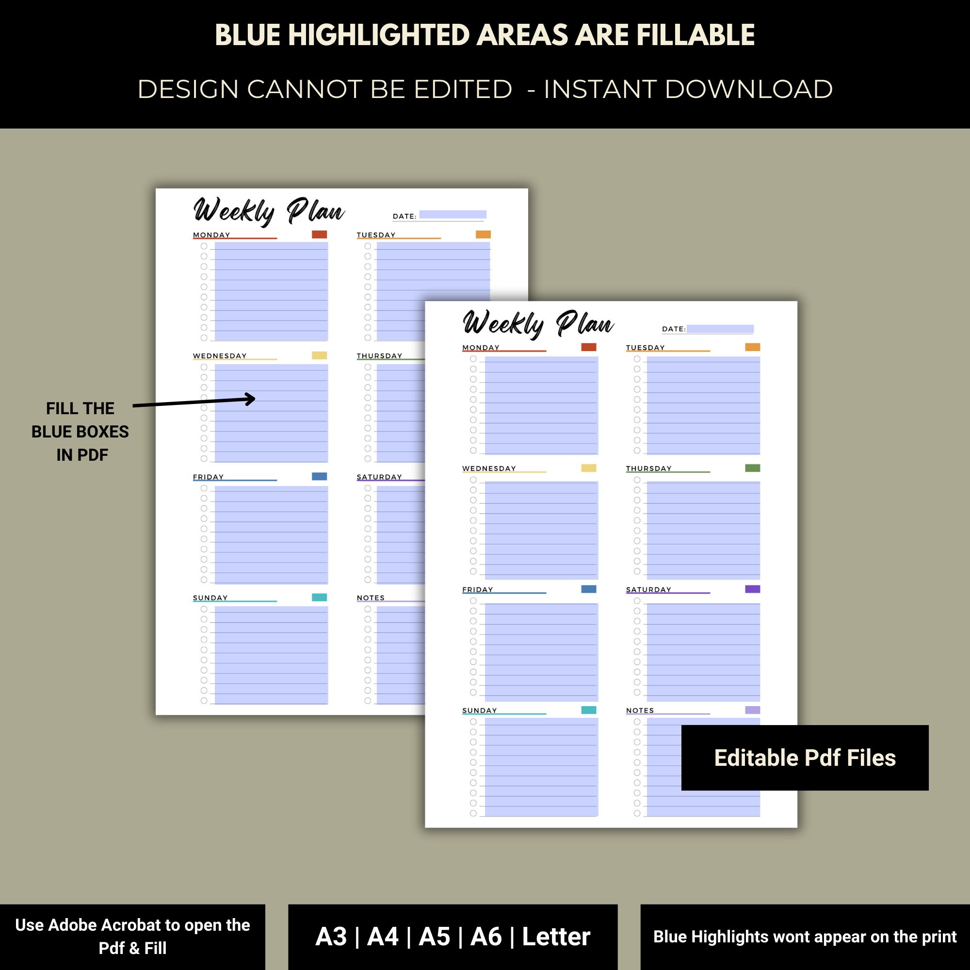 Editable Weekly Planner Printable, Digital Weekly Planner PDF Weekly ...