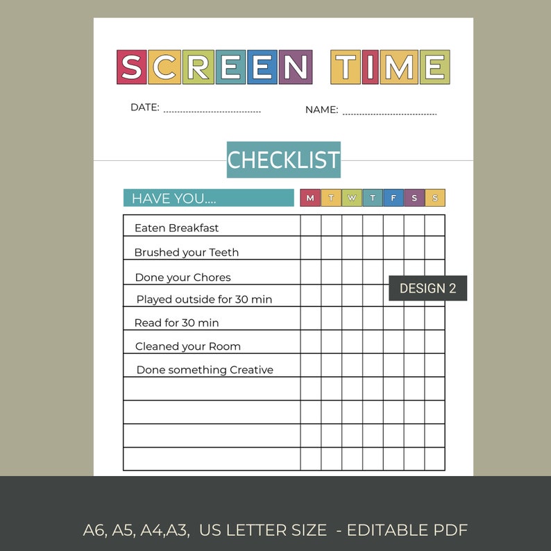 Editable Screen Time Chore Chart Printable, Screen Time Chart Checklist, Screen Time Tracker ...