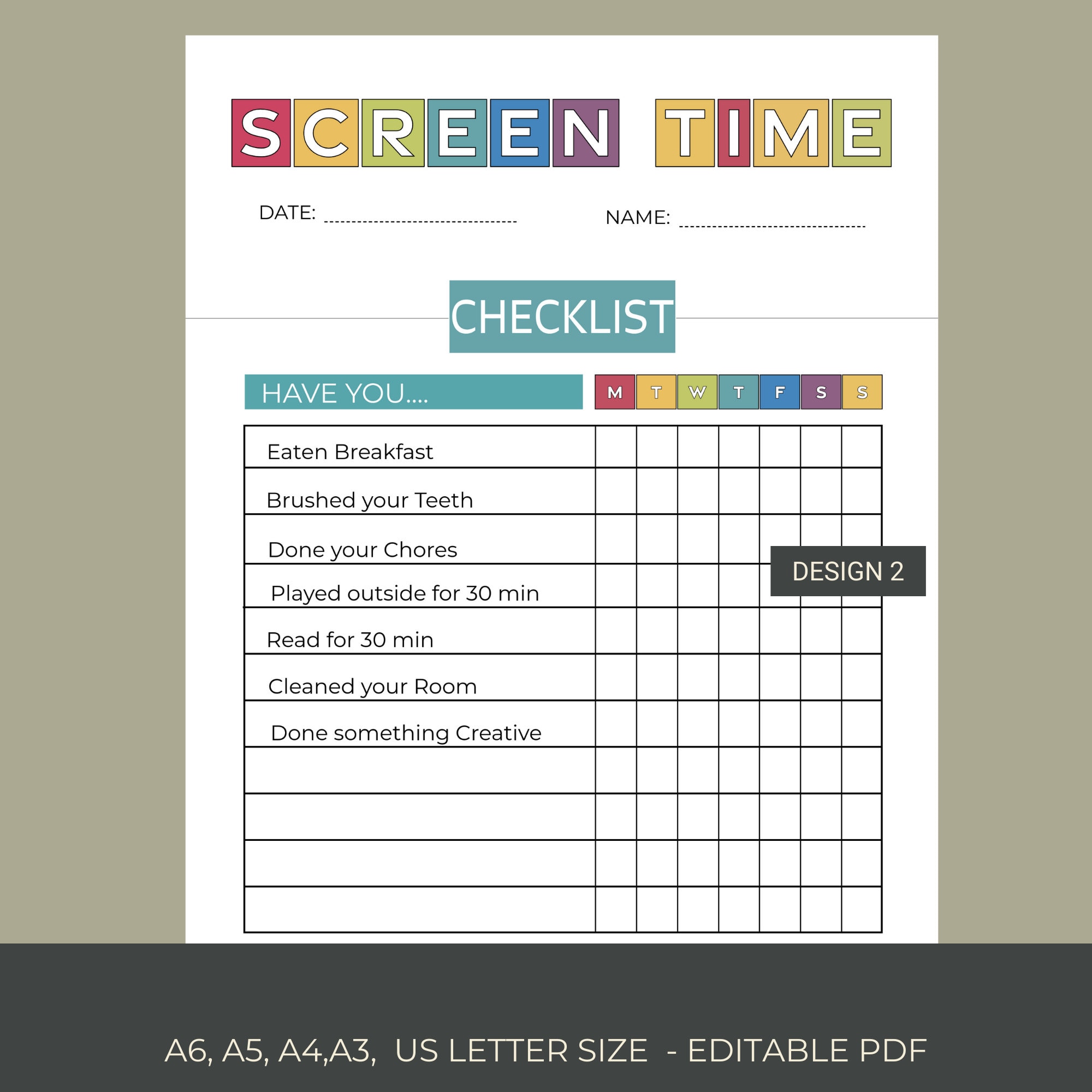 Editable Screen Time Chore Chart Printable, Screen Time Chart Checklist ...