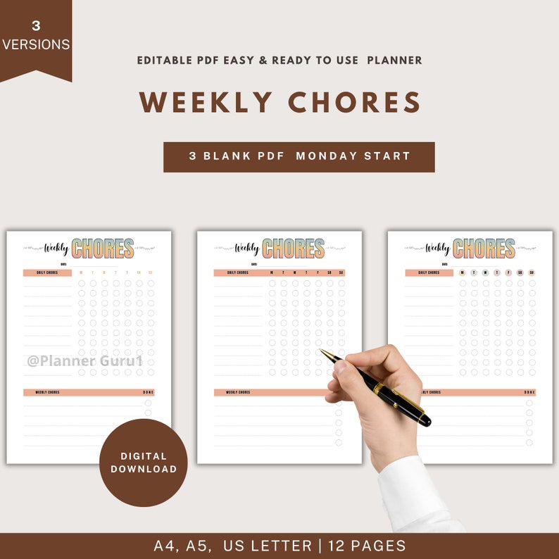 Chore Chart, Printable, Editable Daily and Weekly Chore Sheets Tasks ...