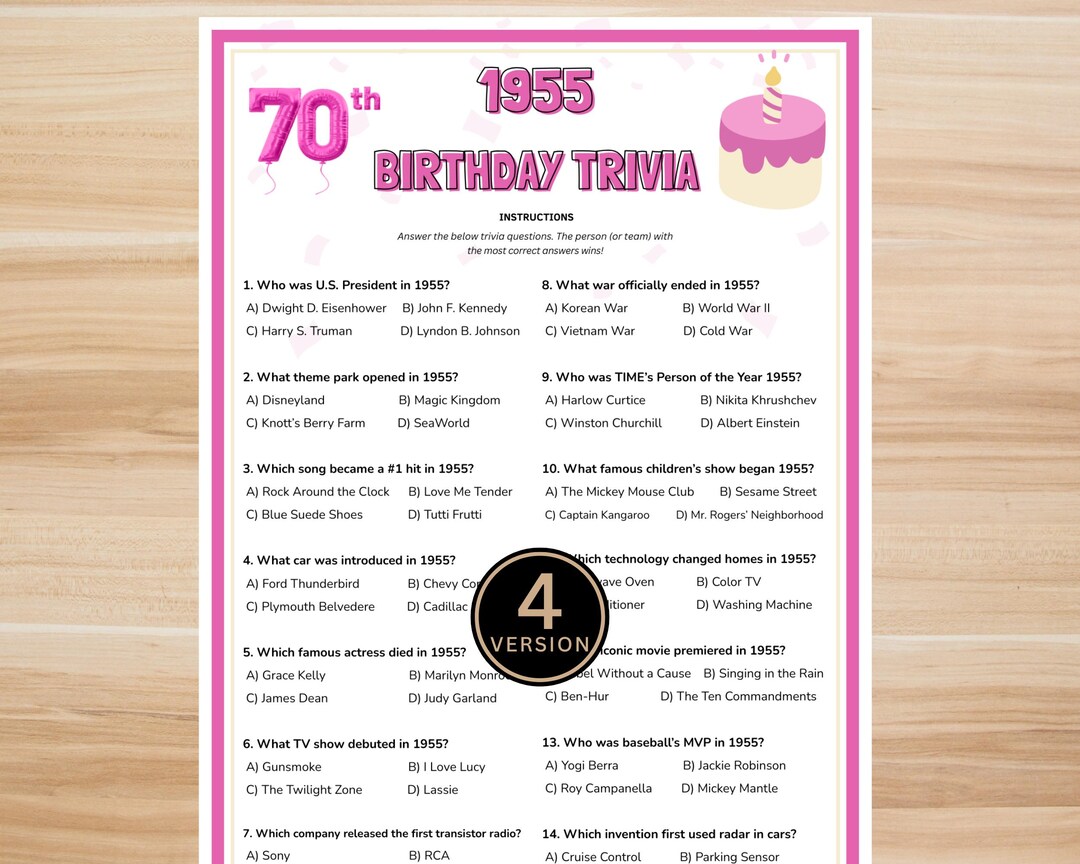 1955 Trivia Game Printable – 70th Birthday Game, Born in 1955 Quiz ...