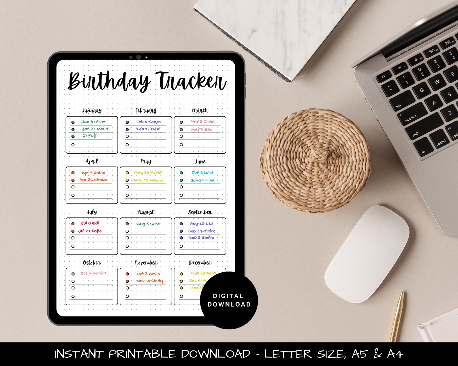 Birthday Calendar and Tracker PDF | Printable Birthday List and ...