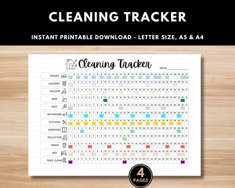 Cleaning Tracker Printable | Chores List and Cleaning Log | Bullet ...