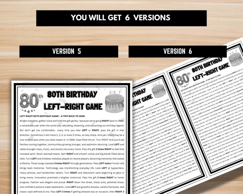 80th Birthday Left Right Game, Printable Party Game, Born in 1946, Pass ...