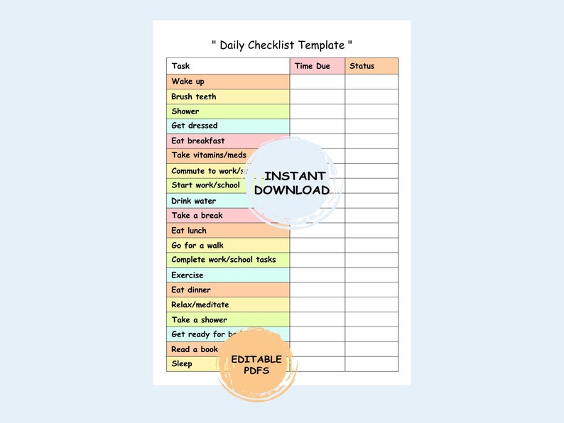 Printable and Fillable Daily Checklist, Daily Task List Template, To-do ...