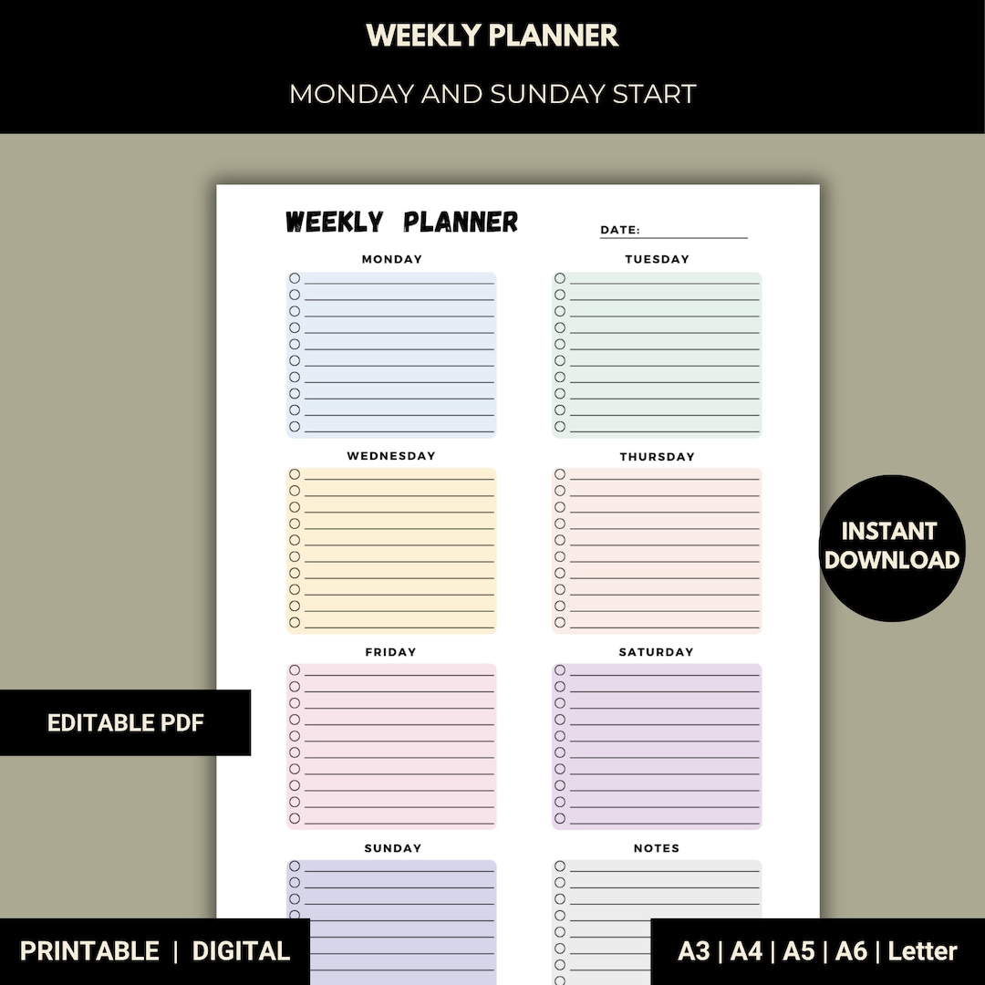 Editable Weekly Planner | Printable, Digital | Weekly Planner PDF ...