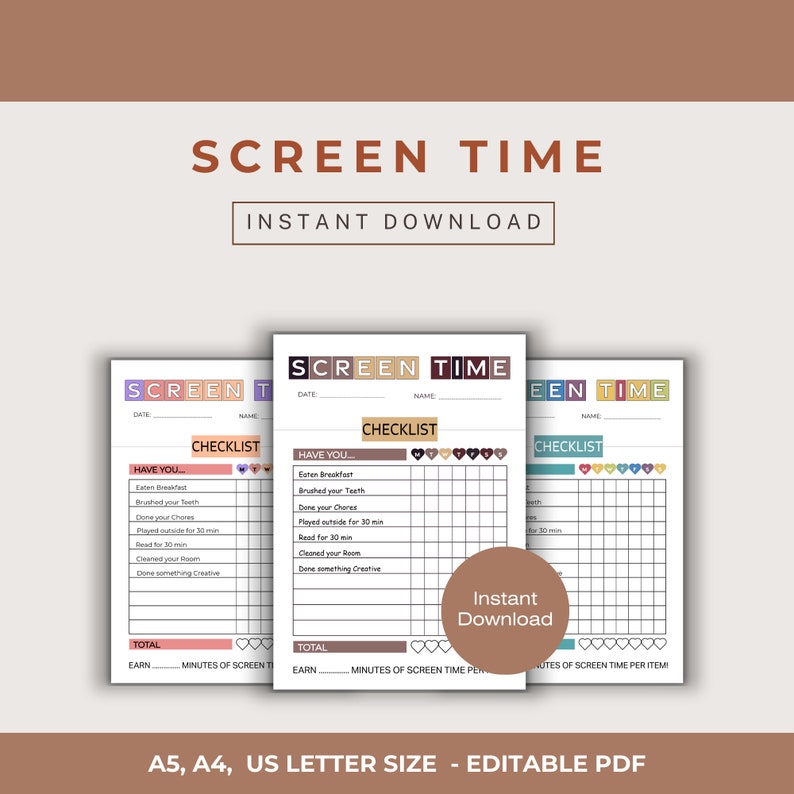 Editable Screen Time Chore Chart Printable, Screen Time Chart Checklist ...