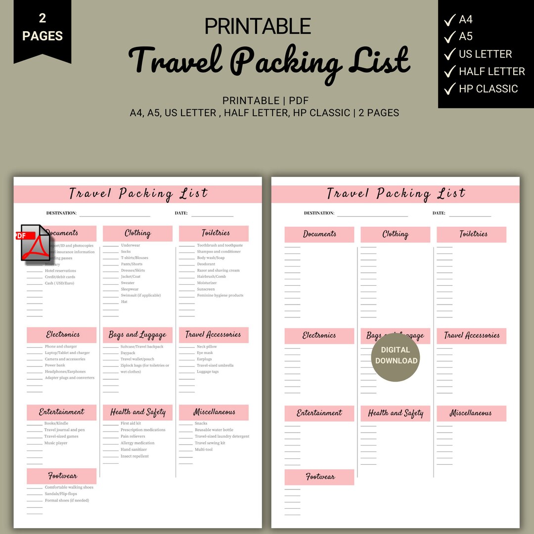 Printable Travel Packing List Instant Download, Vacation Planner ...