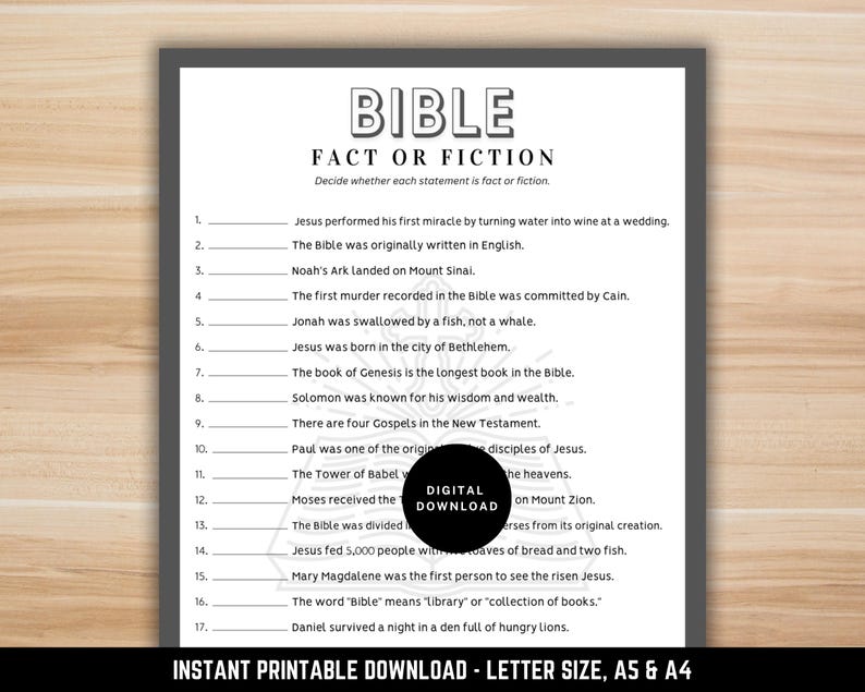 Bible Fact or Fiction Trivia Game | Printable Bible Quiz | Christian ...
