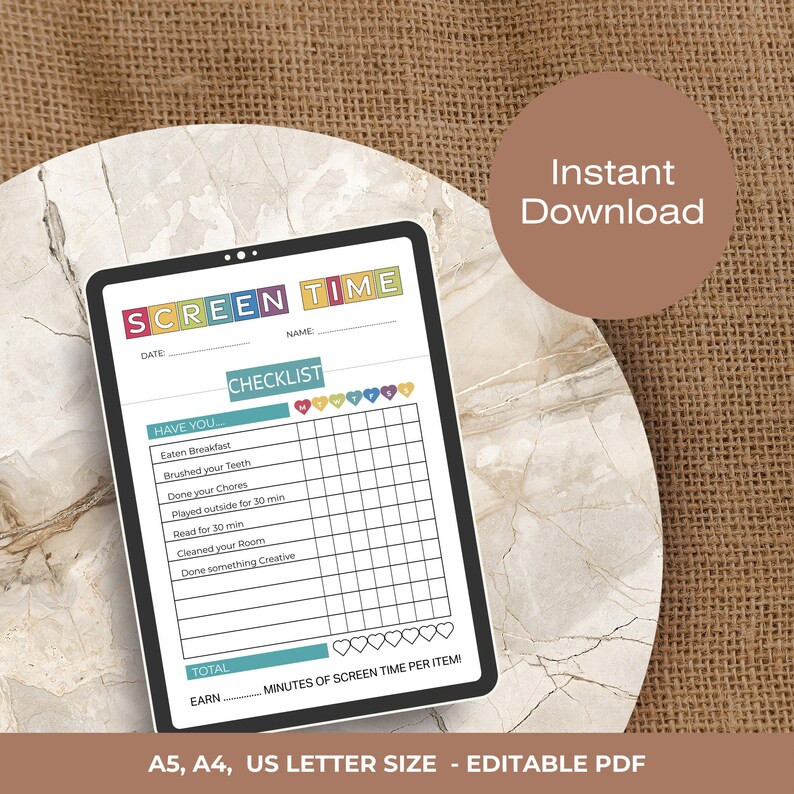 Editable Screen Time Chore Chart Printable, Screen Time Chart Checklist, Screen Time Tracker ...