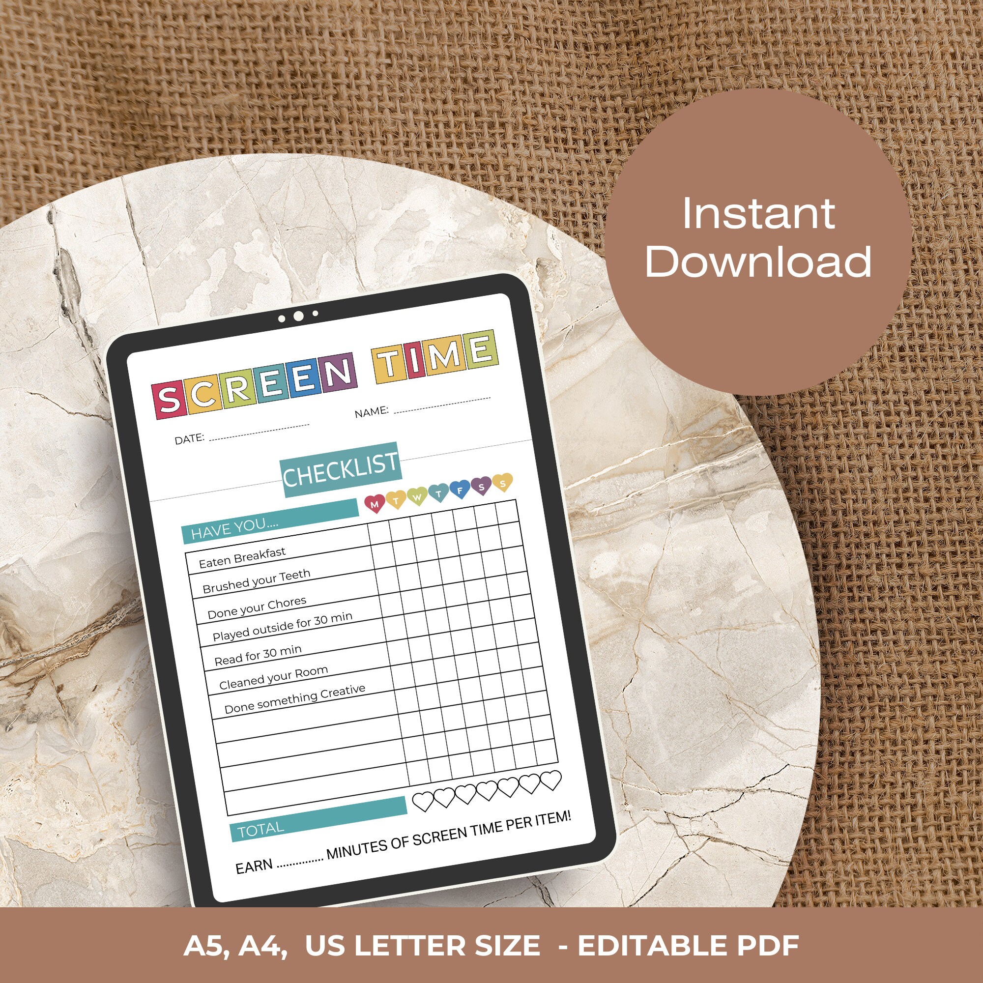 Editable Screen Time Chore Chart Printable, Screen Time Chart Checklist ...