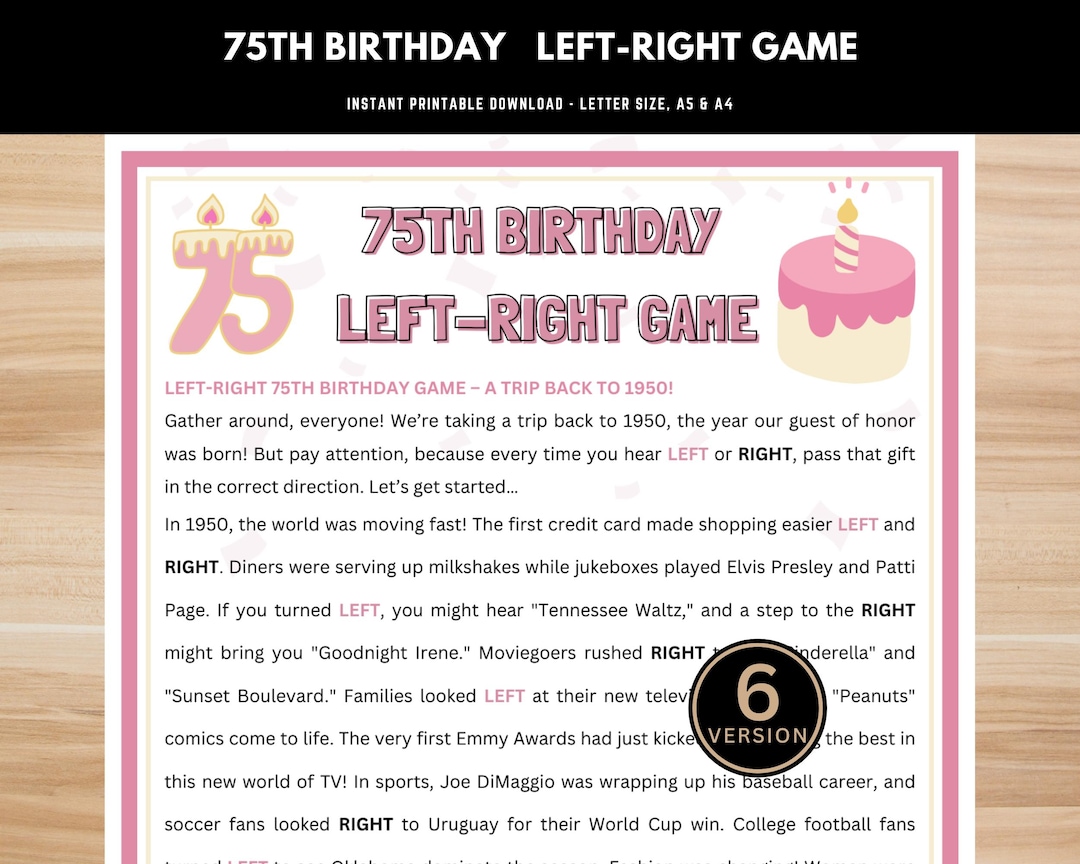 75th Birthday Left Right Game, Born in 1950 Party Game, Printable Left ...