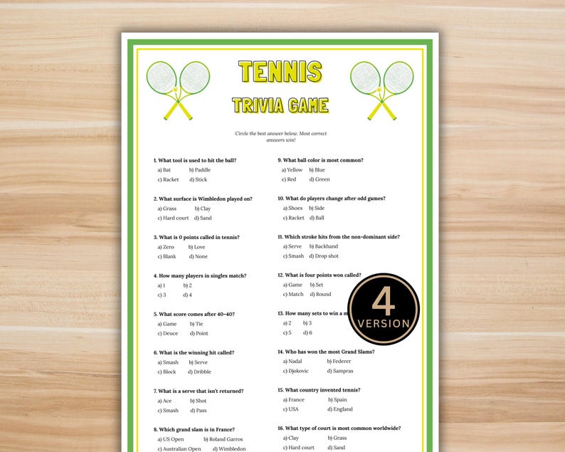 Tennis Trivia Game, Printable Sports Quiz | Fun Party Icebreaker | Team ...