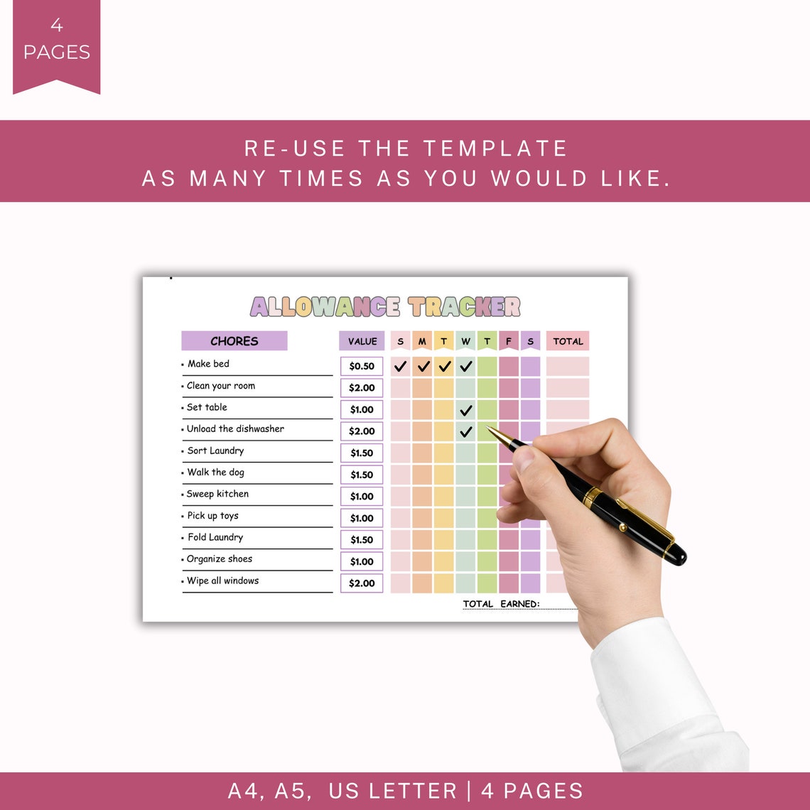 Allowance Chore Chart Printable for Kids , Allowance and Chore Tracker ...