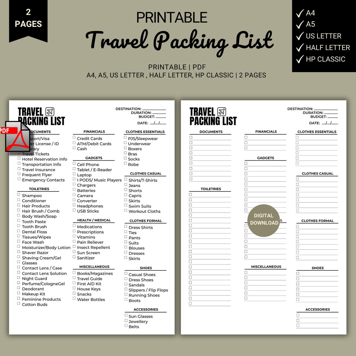 Travel Packing List Printable - Instant Download for Efficient Vacation ...