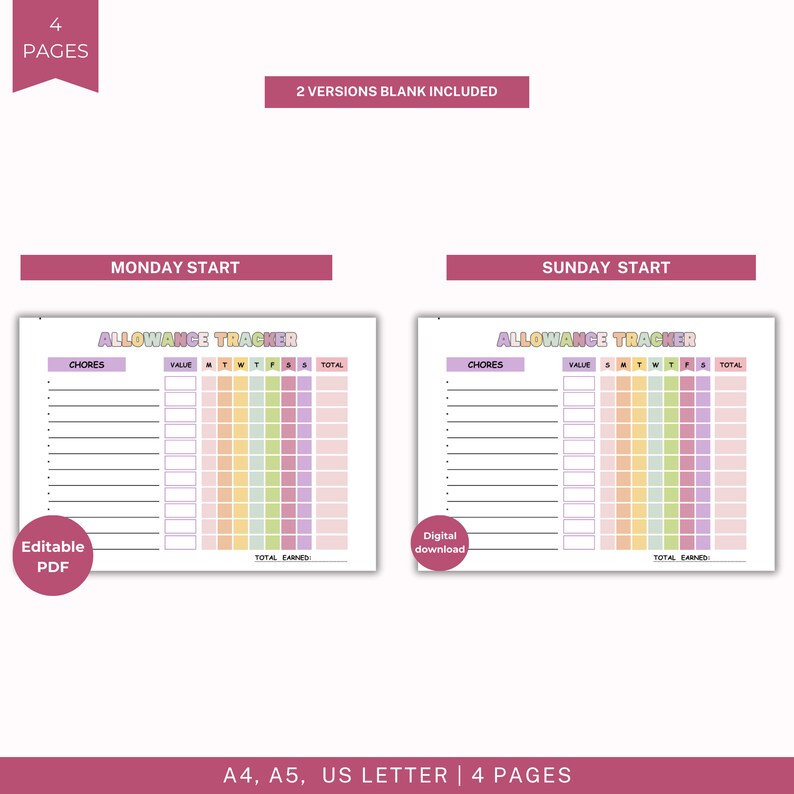 Allowance Chore Chart Printable for Kids , Allowance and Chore Tracker ...
