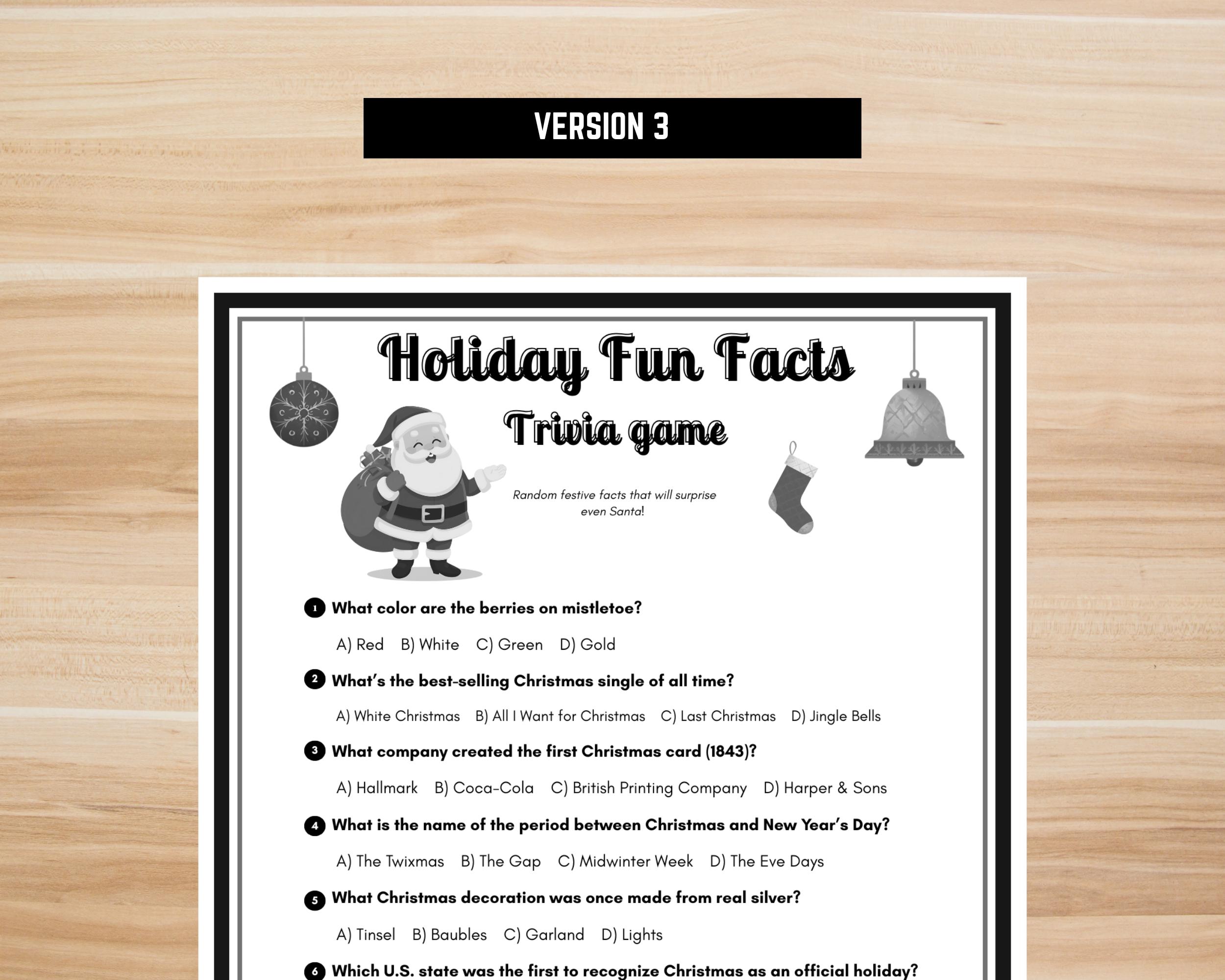 Holiday Fun Facts Trivia Game Printable, Christmas Party Quiz for ...
