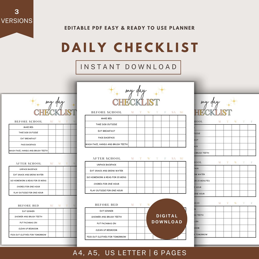 Editable Daily Checklist for Kids, Printable Chore Chart for Kids ...