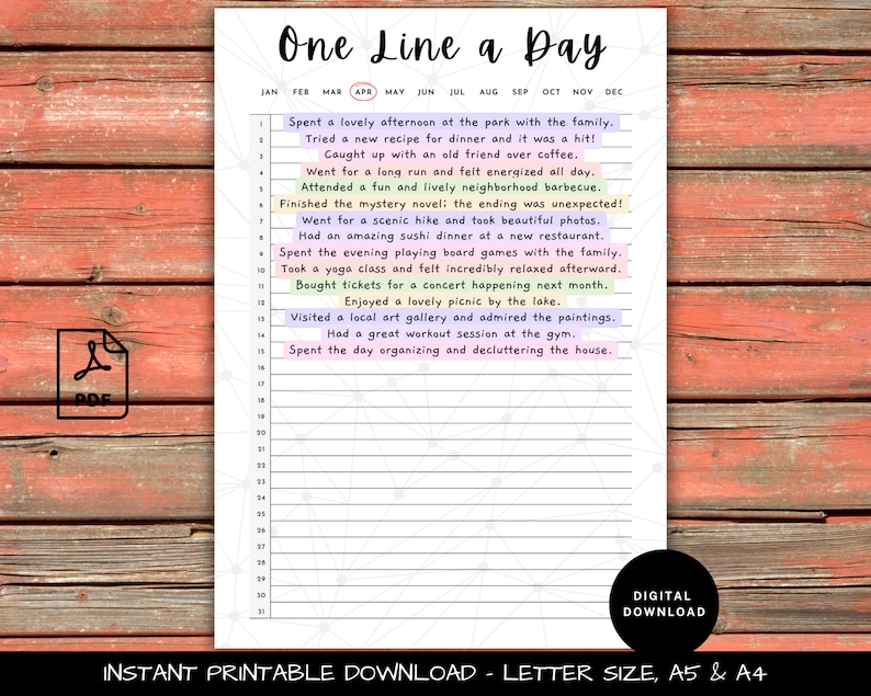 One Line A Day - PRINTABLE Journal Page, Daily Gratitude Tracker ...