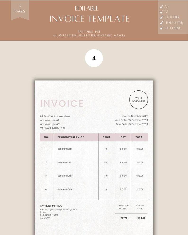 EDITABLE INVOICE TEMPLATE, Invoice Template for Small Business ...