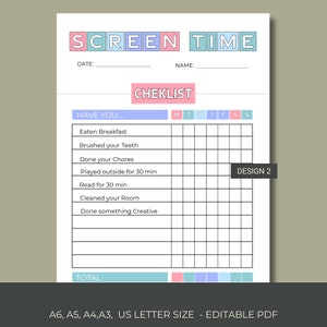 Editable Screen Time Chore Chart Printable Screen Time Chart - Etsy