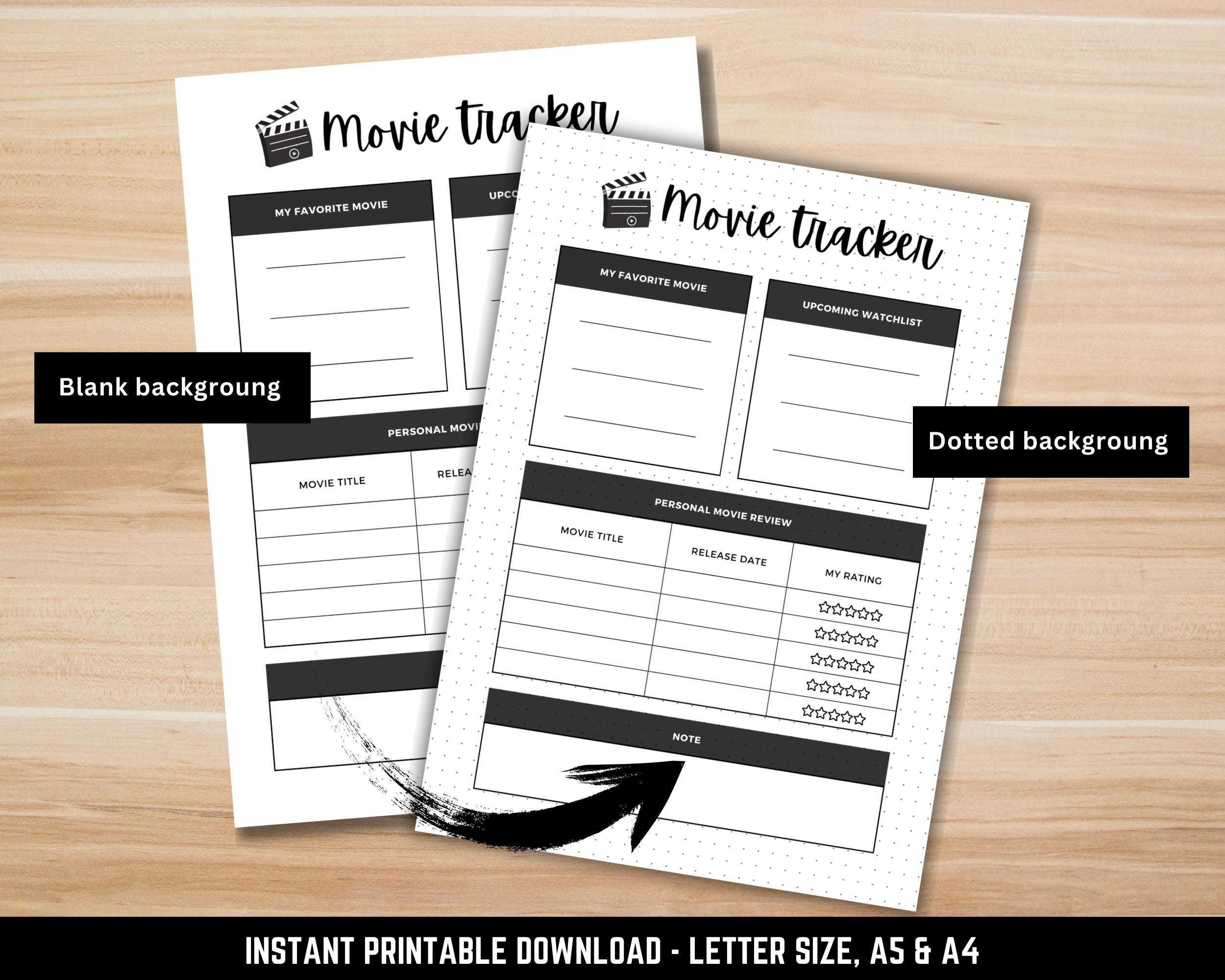 Printable Movie Tracker Journal Page - Film Log Planner Template for ...