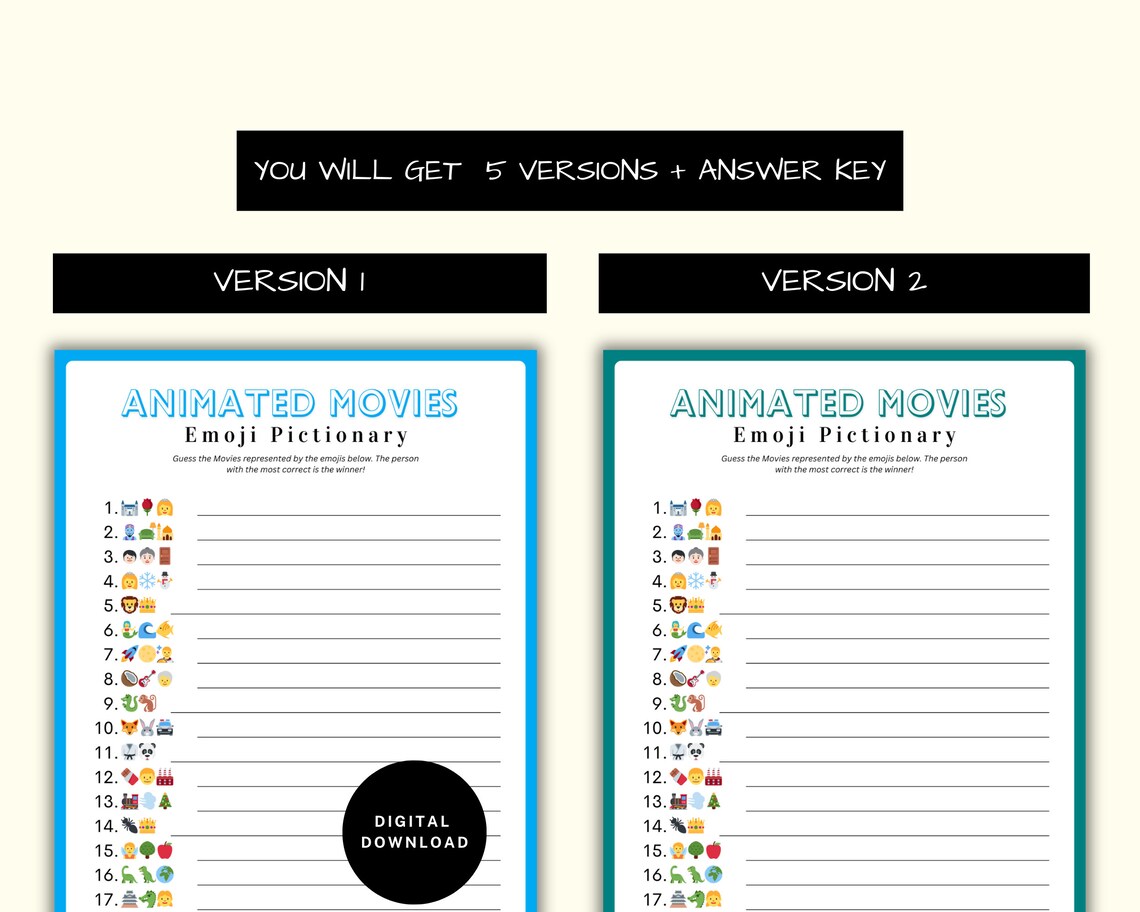 Animated Movies Emoji Pictionary Game - Fun Printable Party Game for ...