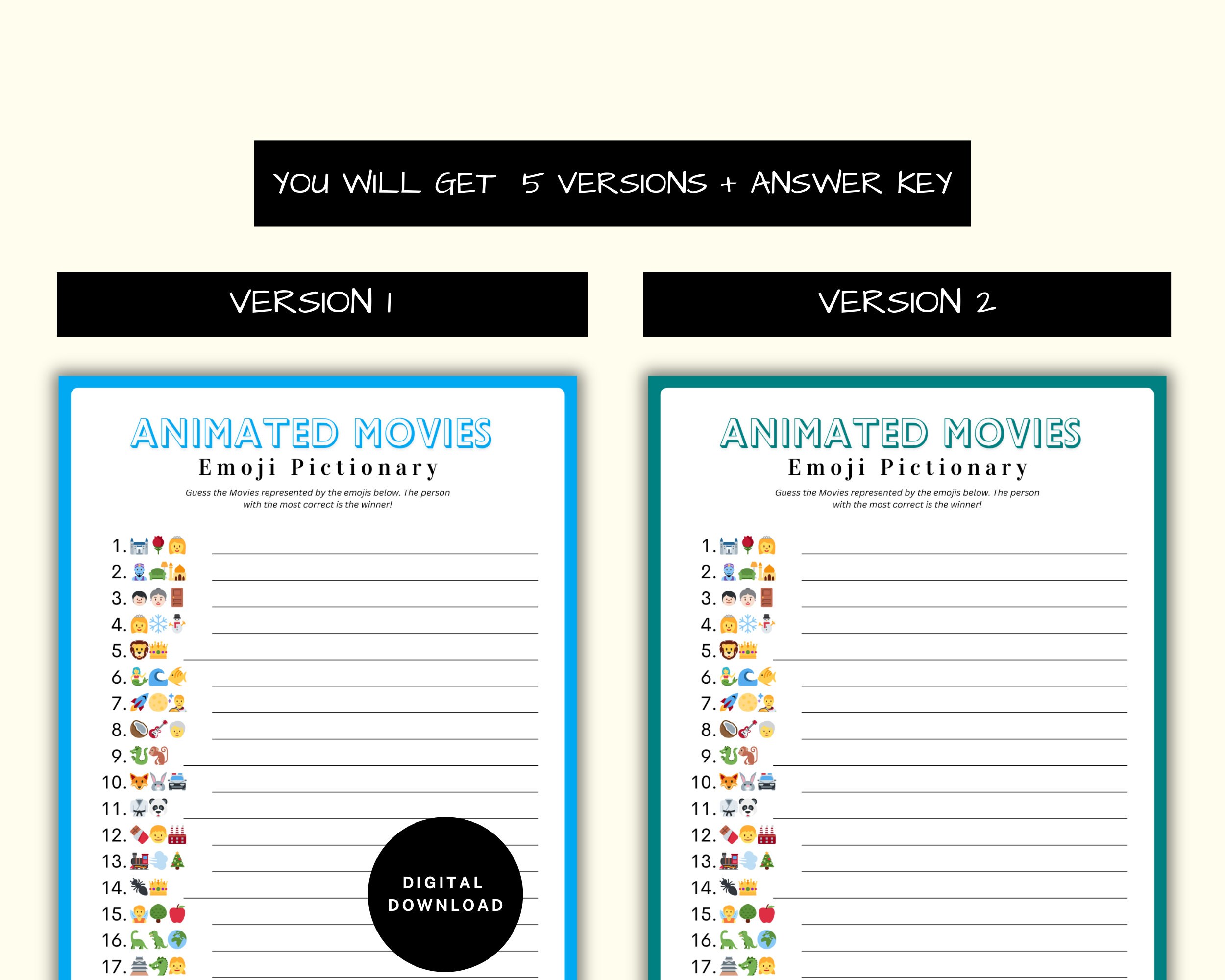 Animated Movies Emoji Pictionary Game - Fun Printable Party Game for ...